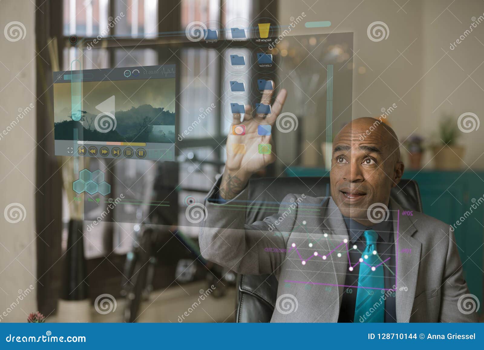 Professional Man Moving Files on a Futuristic Computer Screen Stock ...
