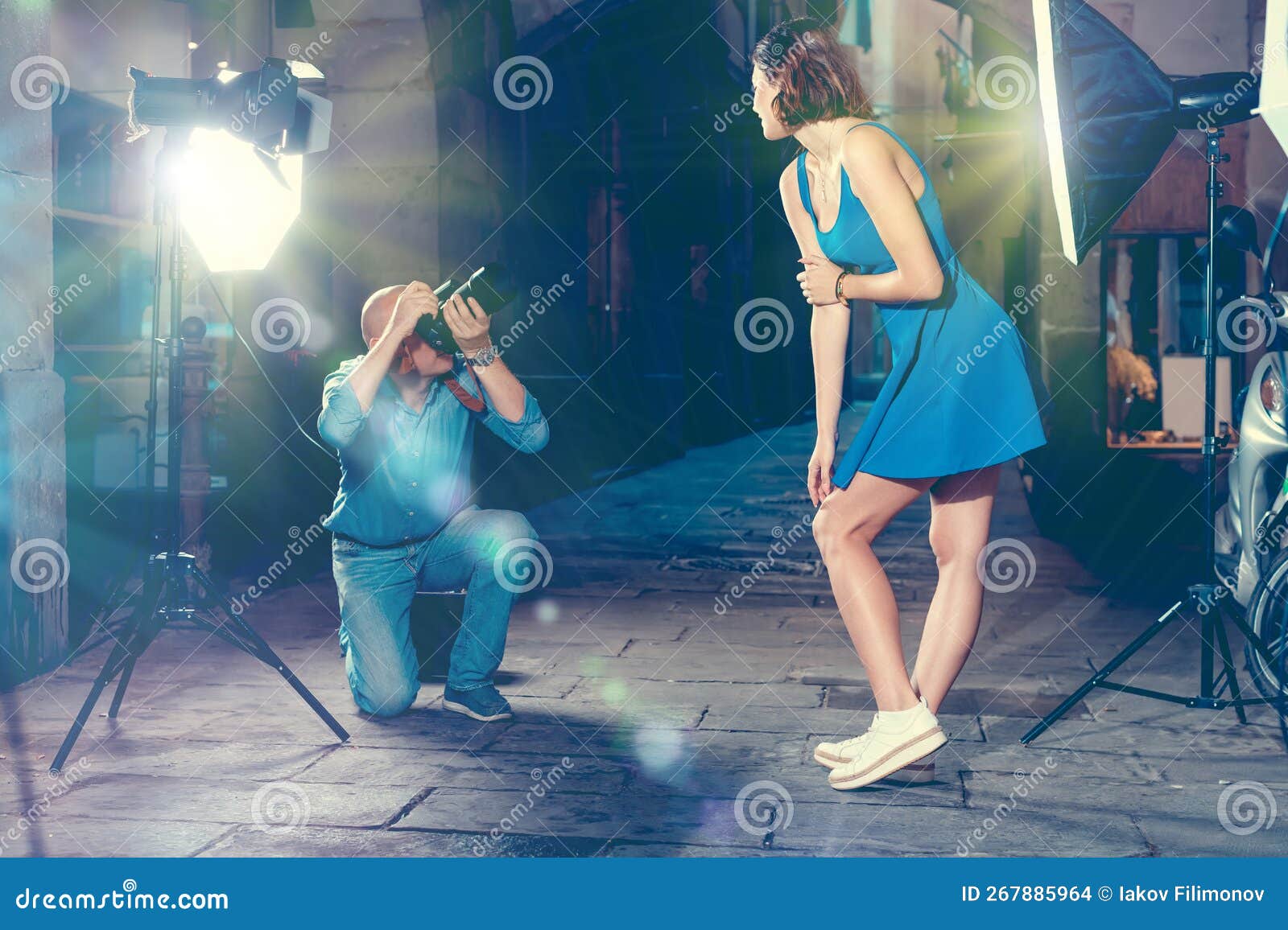 Professional Man Photographer Working with Cheerful Model on Cit Stock ...