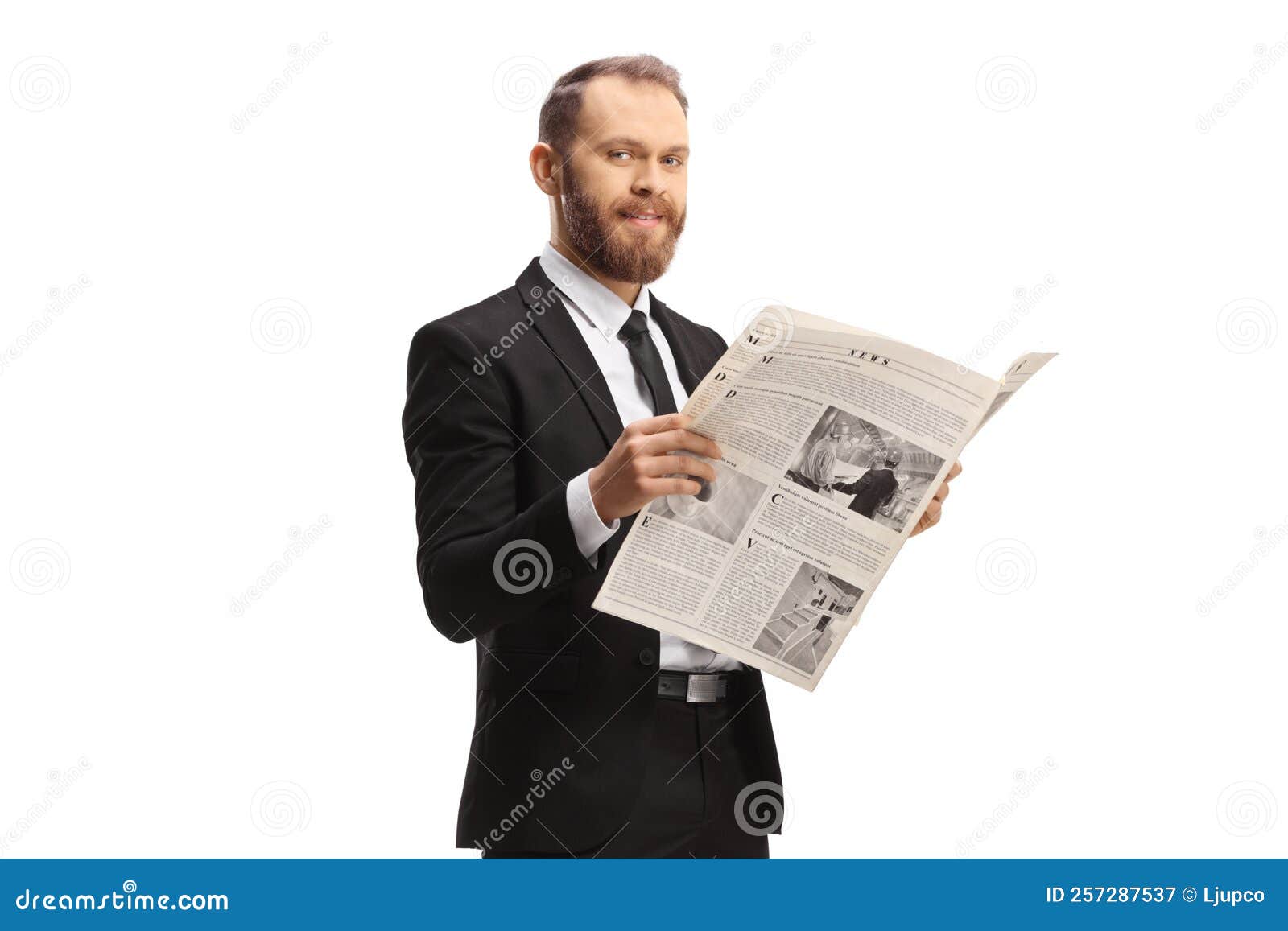 Professional Man in a Suit Standing with a Newspaper and Smiling at ...