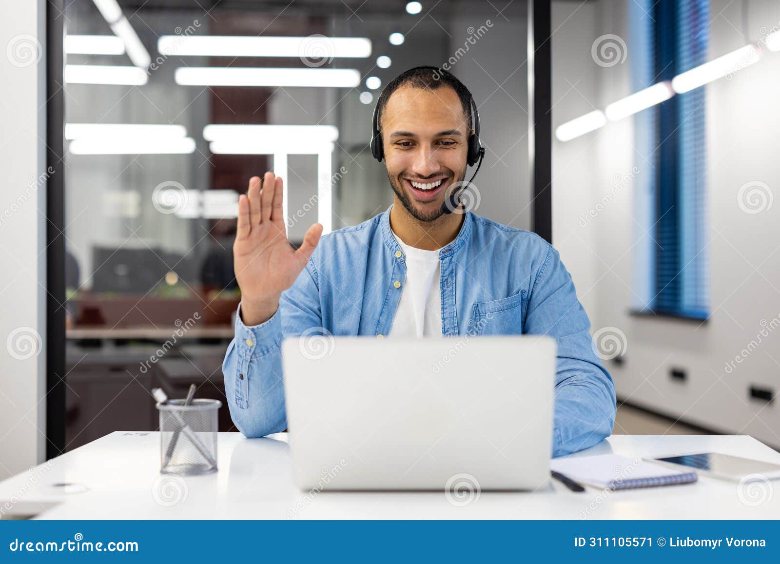 Professional Man at Work with Headset in Office Space Stock Image ...