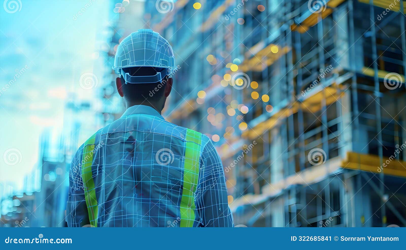 Professional Manager Engineer , Back View Civil with Wireframe Hologram ...