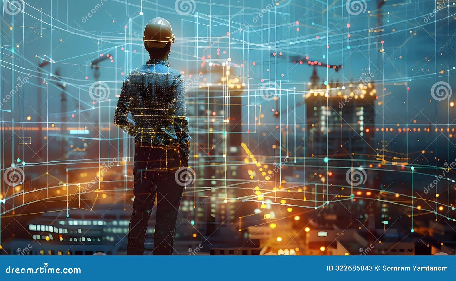 Professional Manager Engineer , Back View Civil with Wireframe Hologram ...