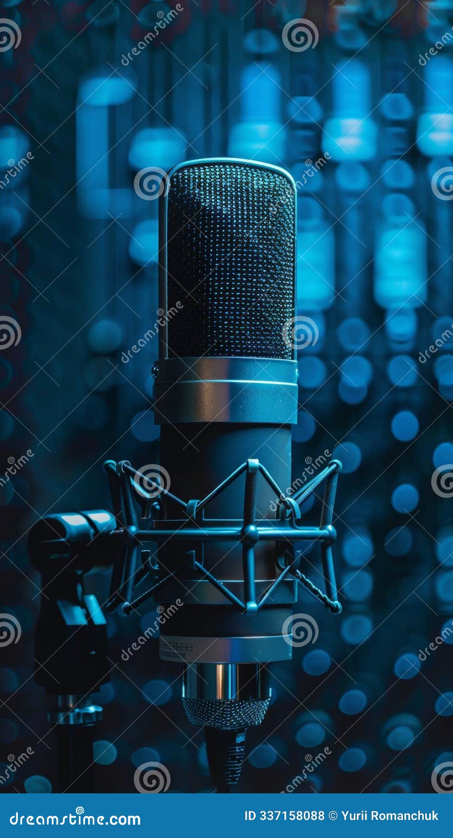 Professional Microphone on Dark Blue Background with Audio Waveforms ...