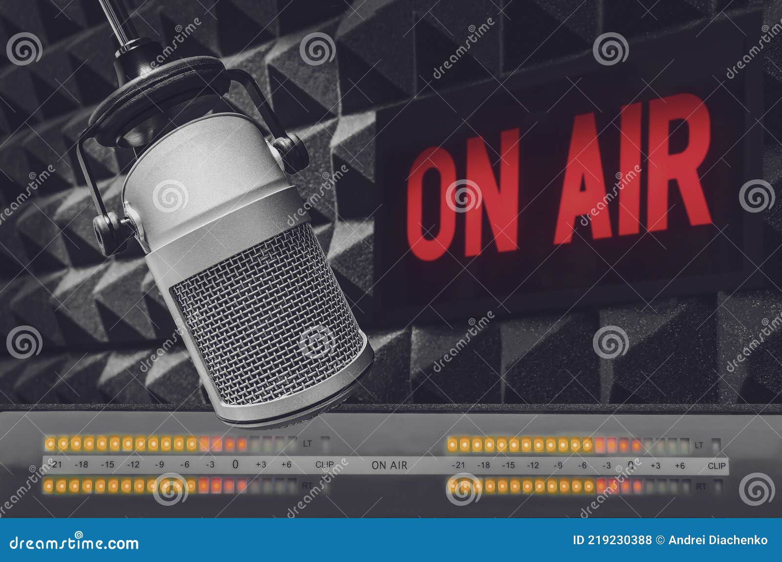Professional Microphone in Radio Station Studio and on Air Sign Stock ...
