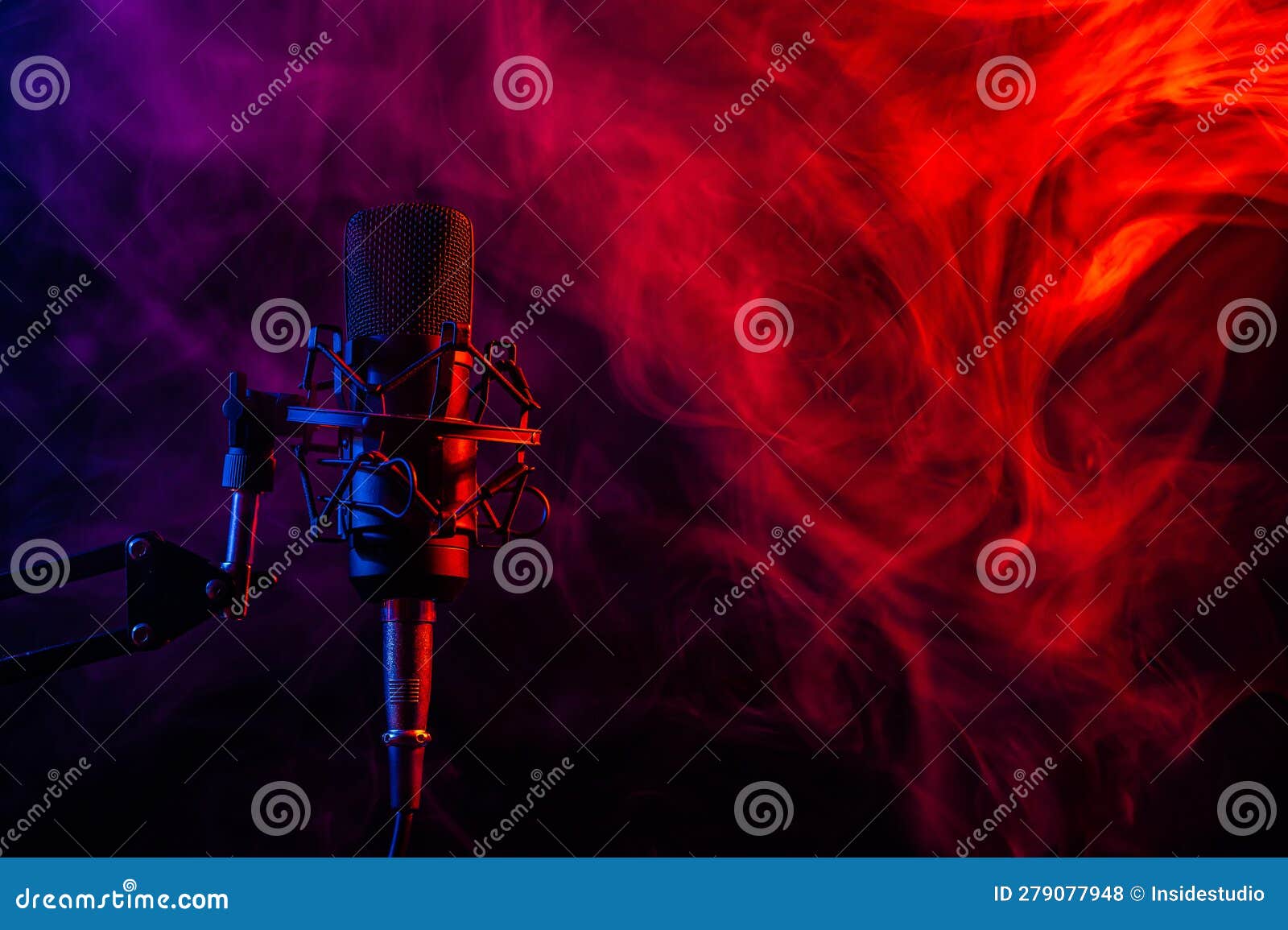 Professional Microphone in Red Blue Smoke on a Black Background. Stock ...
