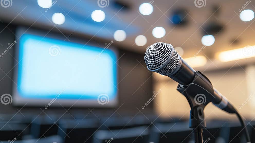 Professional Microphone Setup in Front of a Large Screen I Stock Image ...
