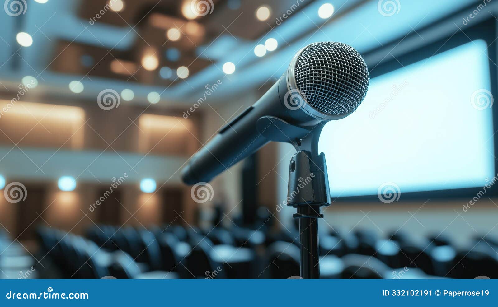 Professional Microphone Setup in Front of a Large Screen I Stock Image ...
