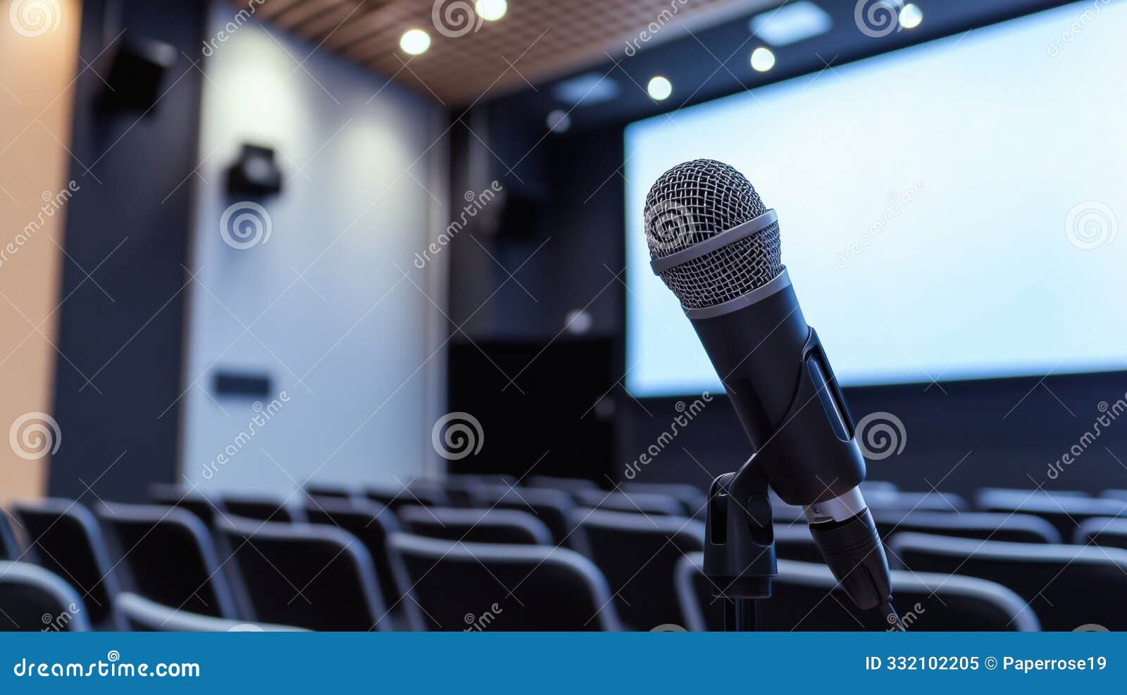 Professional Microphone Setup in Front of a Large Screen I Stock Image ...