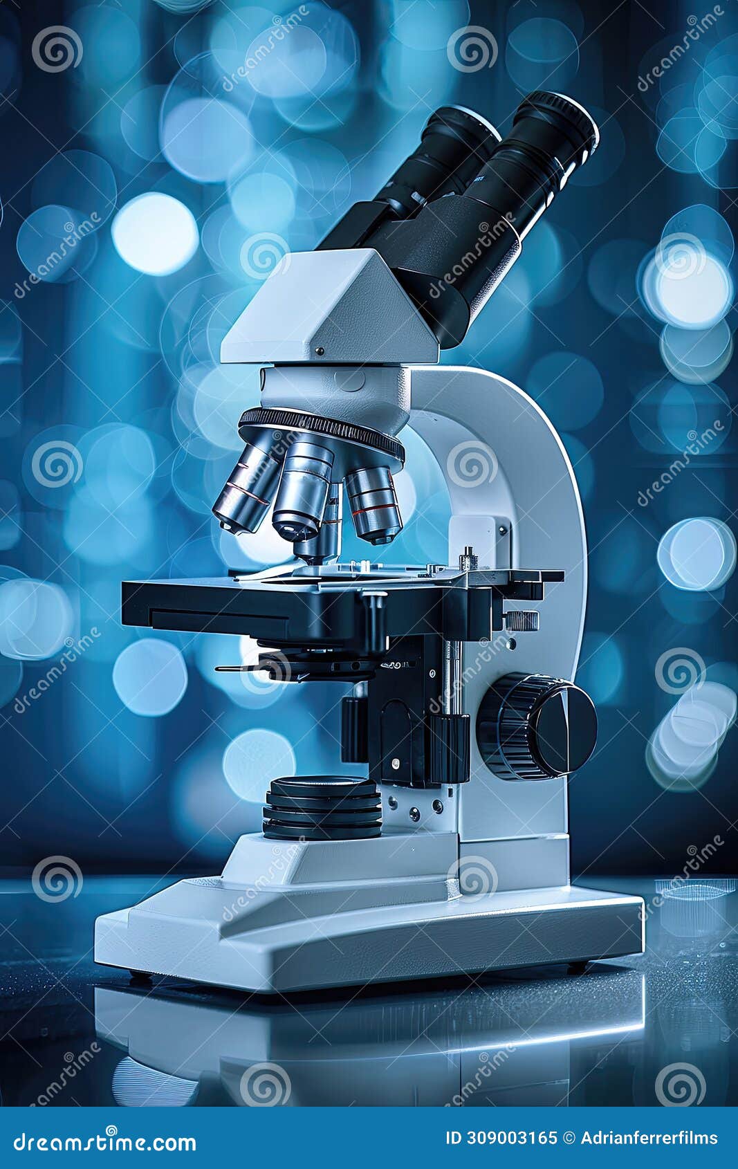 Professional Microscope on Reflective Surface with Blue Bokeh. Stock ...