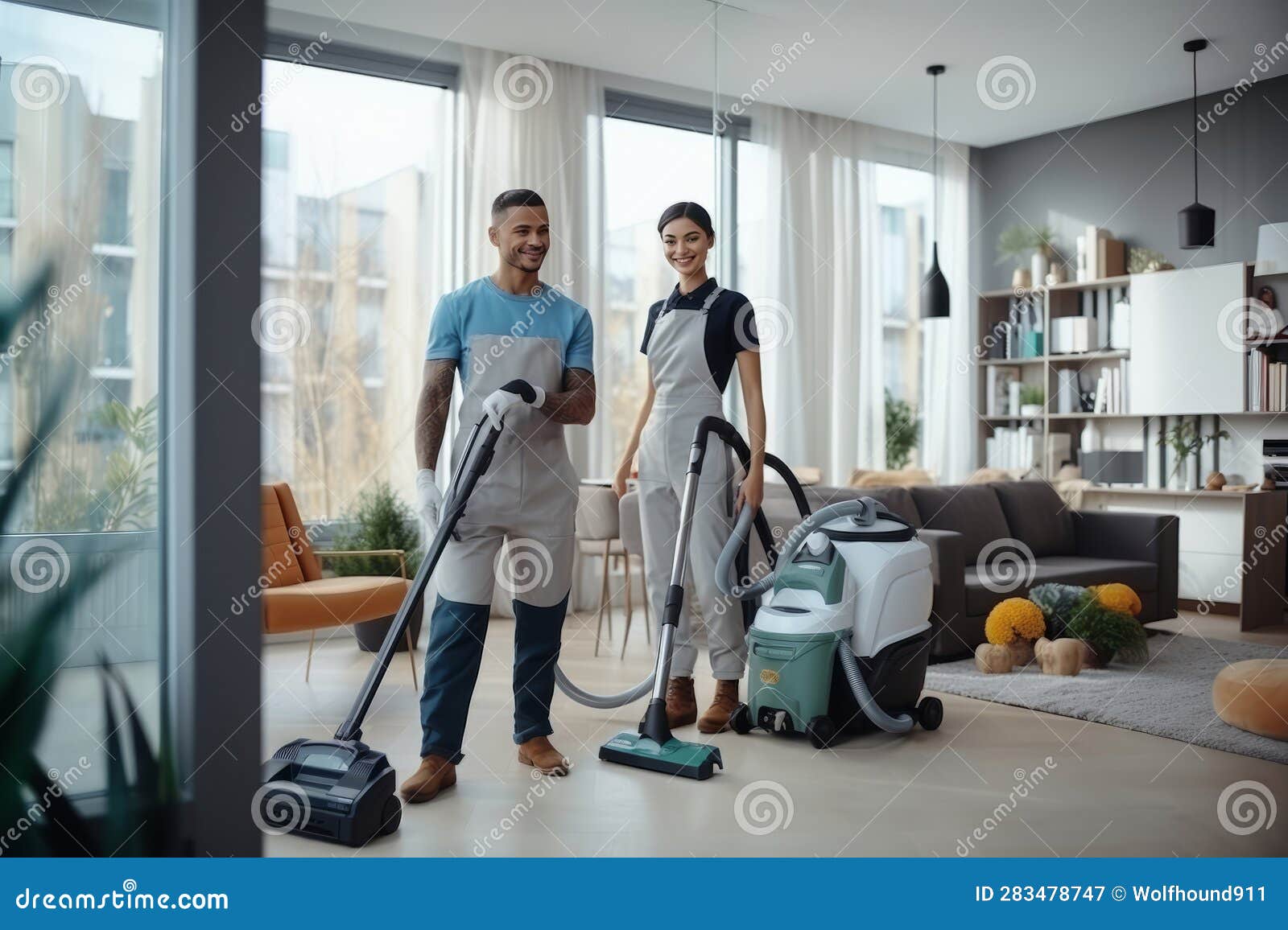 Professional Mixed Race Janitors in Uniform Doing Spring Cleaning of ...