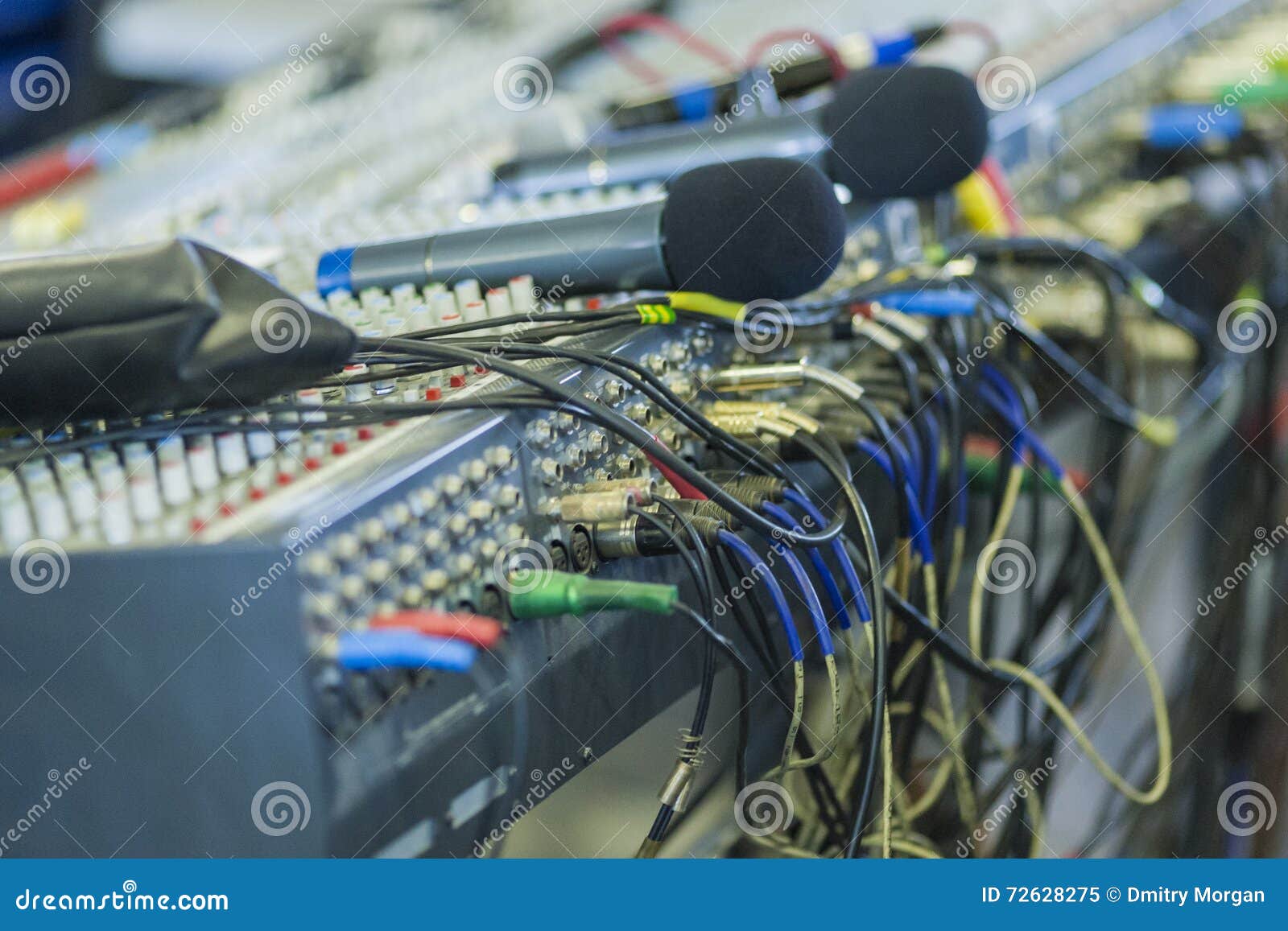 Professional Mixing Console Back Panel Closeup. Wireless Microphones on ...