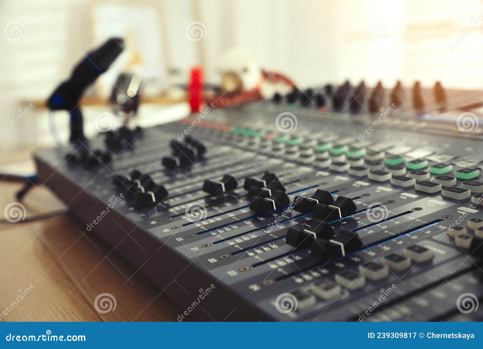 Professional Mixing Console on Table in Modern Radio Studio, Closeup ...