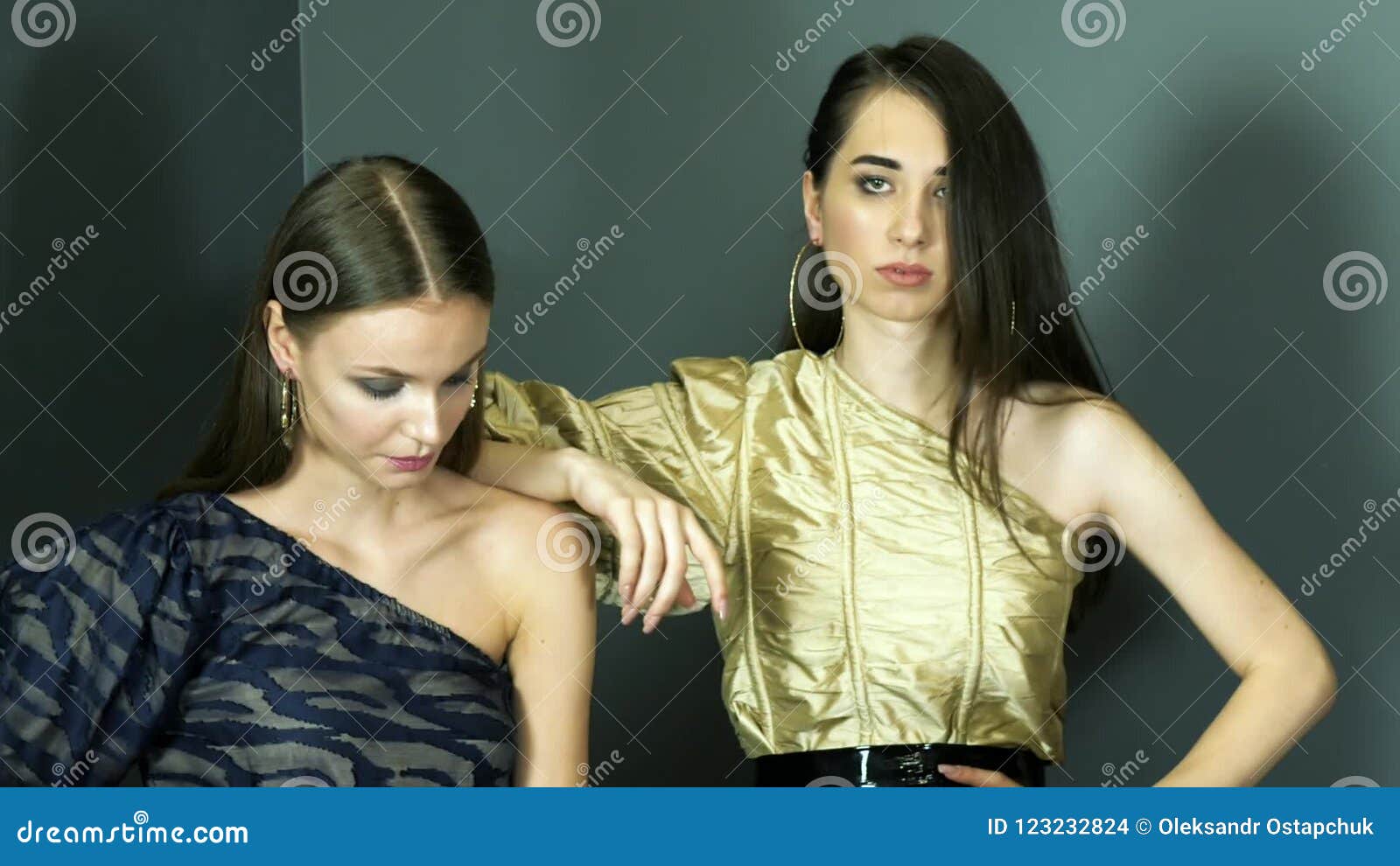 Professional Models with Chic Make-up in Dresses on One Shoulder Poses ...