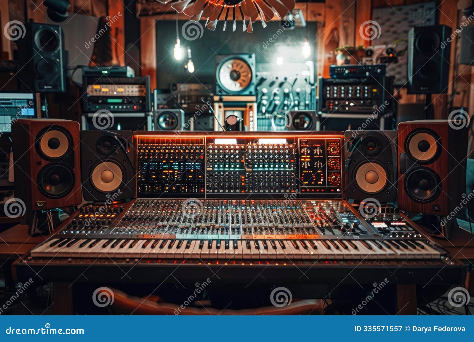 Professional Music Studio with Mixing Console, Speakers, and Acoustic ...