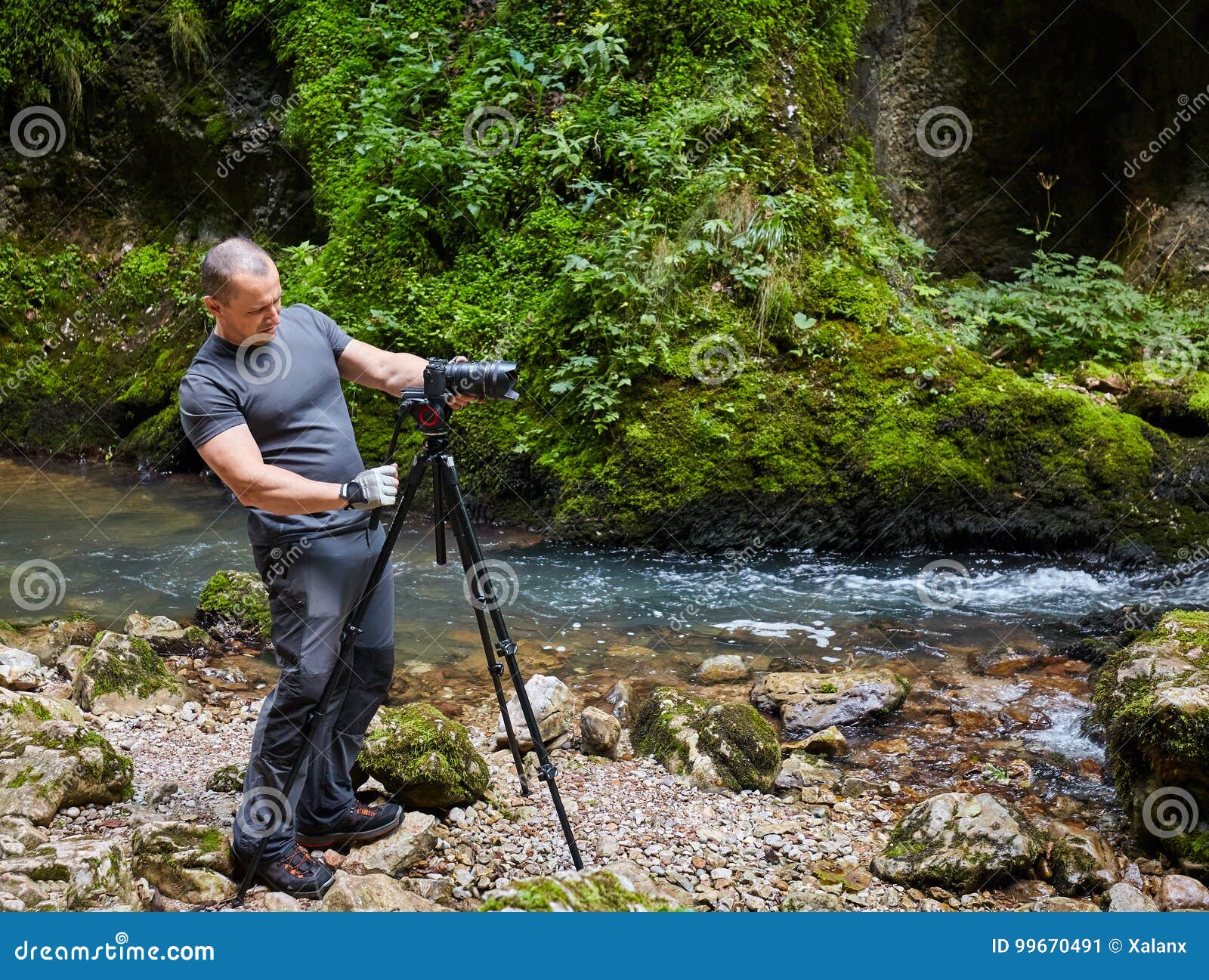 Professional Nature Photographer with Camera on Tripod Stock Image ...