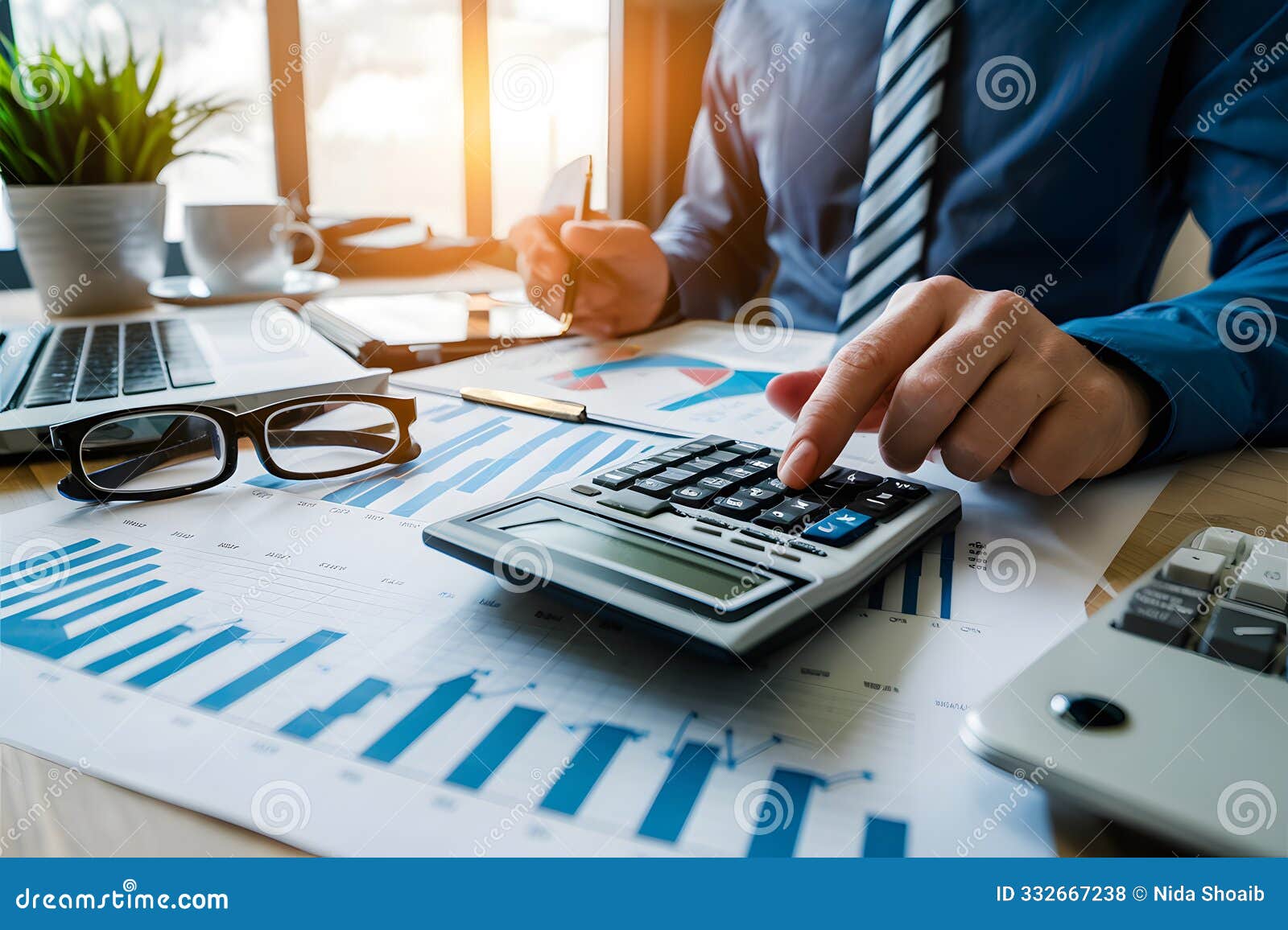 Professional Office Setting with Calculator, Glasses, and Printed ...