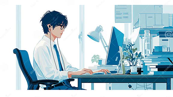 Professional Office Worker Focused on Computer Tasks in Modern ...