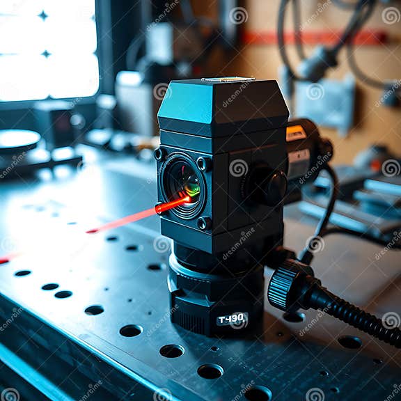 A Professional Optical Alignment Tool with a Laser Pointer Placed on a Workbench with Shadows ...