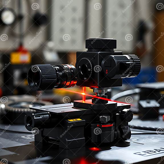 A Professional Optical Alignment Tool with a Laser Pointer Placed on a Workbench with Shadows ...
