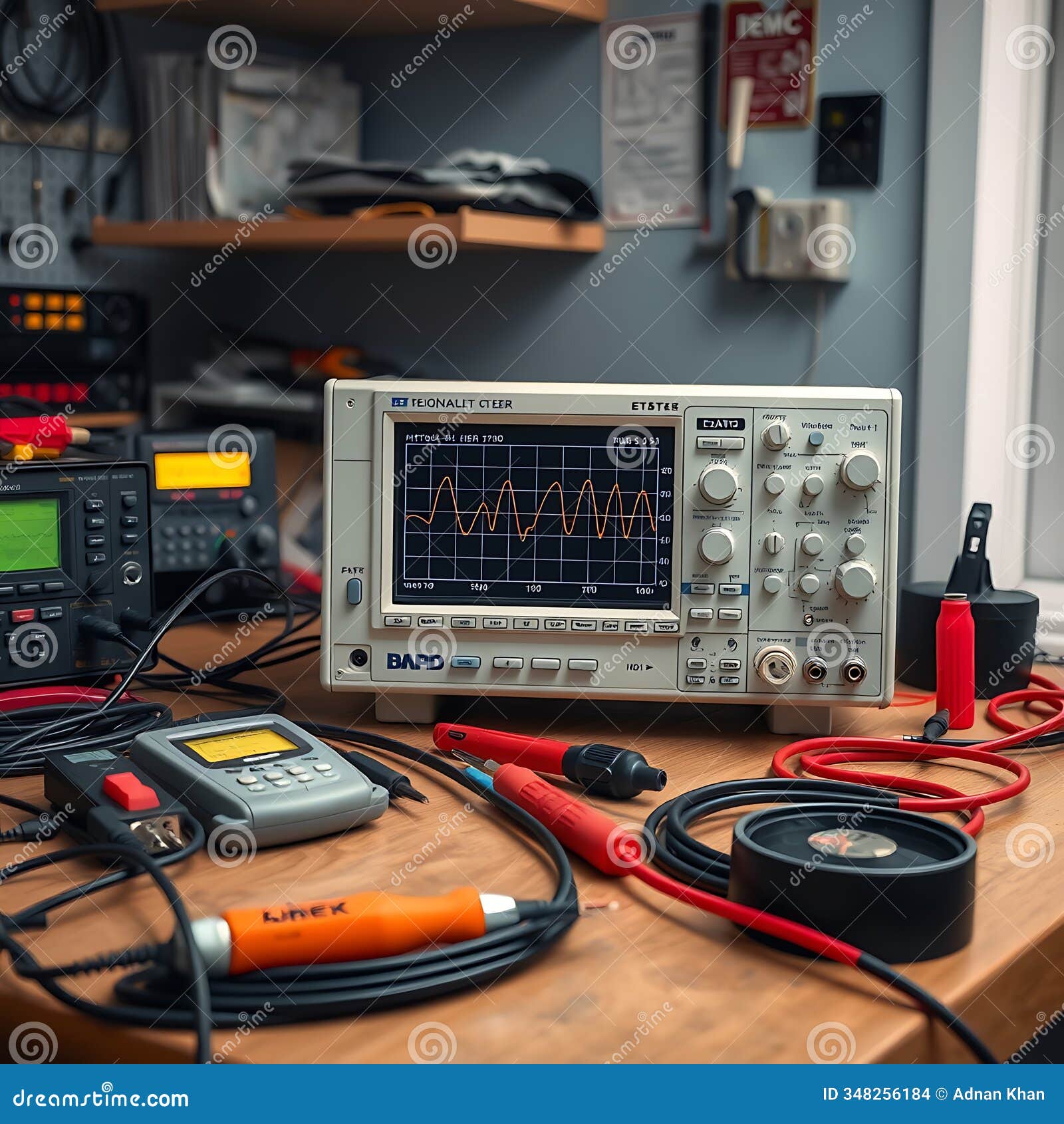 Professional Oscilloscope on a Workbench Showing a Distorted Signal on ...