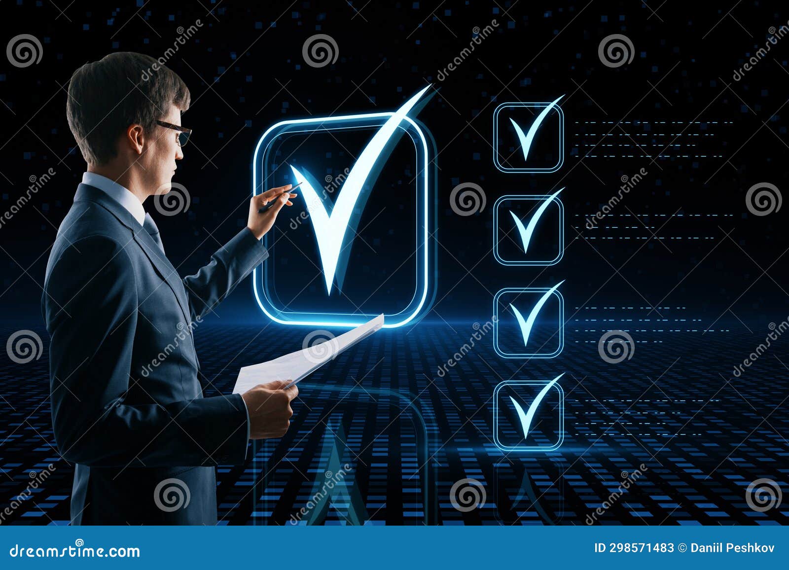 Professional with Pen and Paper Checking Off Tasks on a Virtual ...