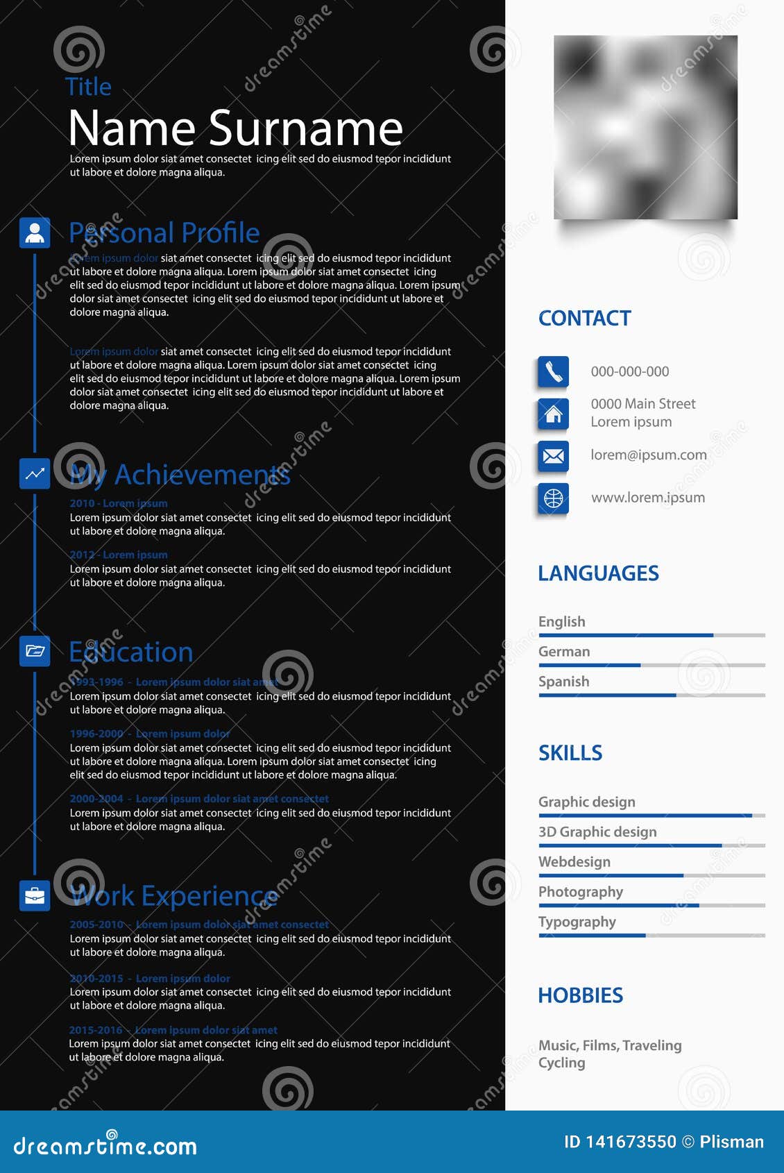 Professional Personal Resume Cv in Black Blue White Design Stock Vector ...