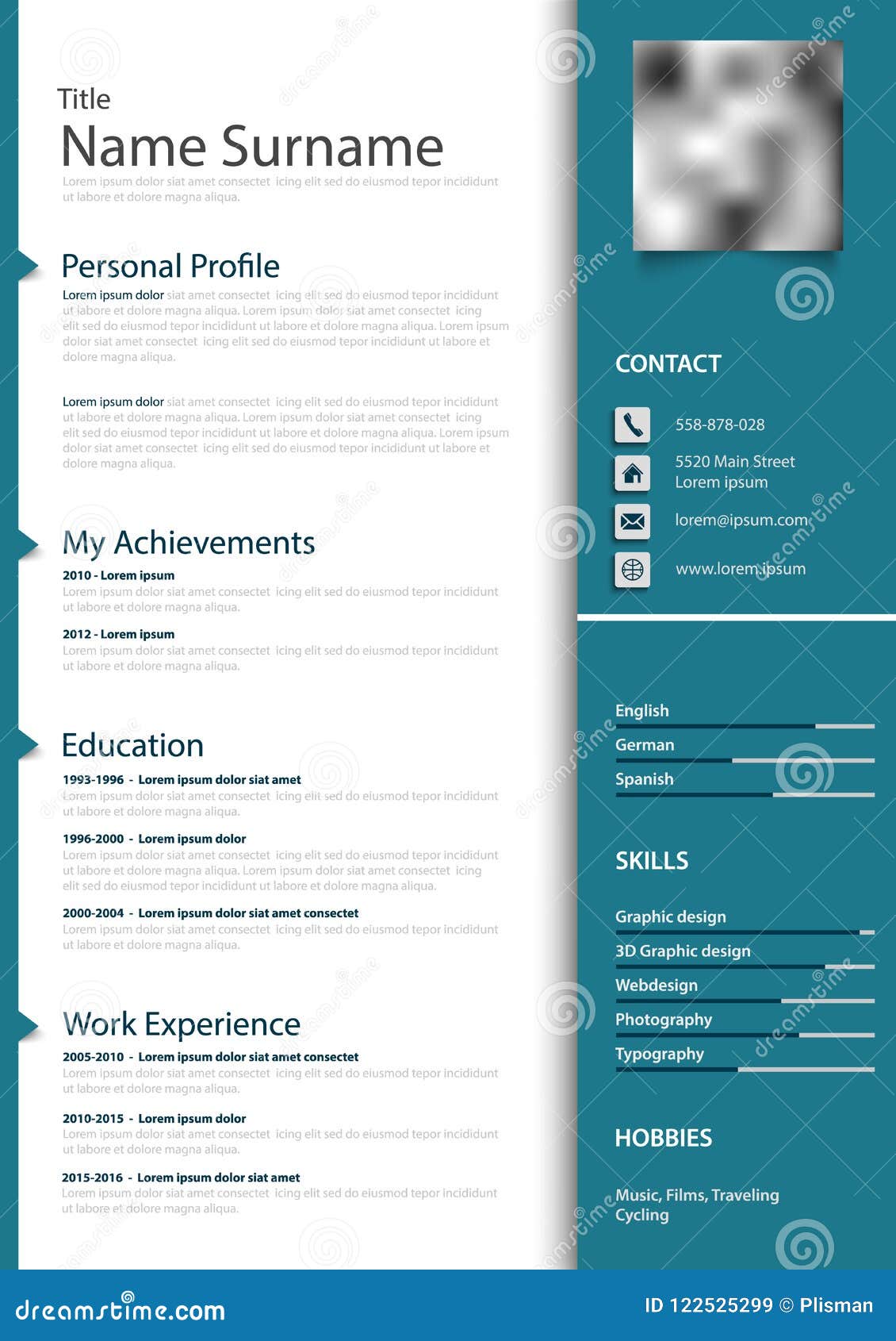 Professional Personal Resume Cv in Blue Design and Pointers Stock ...