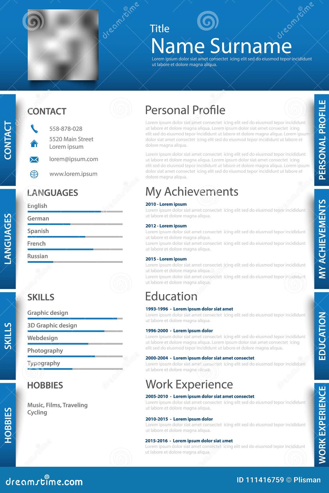 Professional Personal Resume Cv with Labels in Blue White Design Stock ...