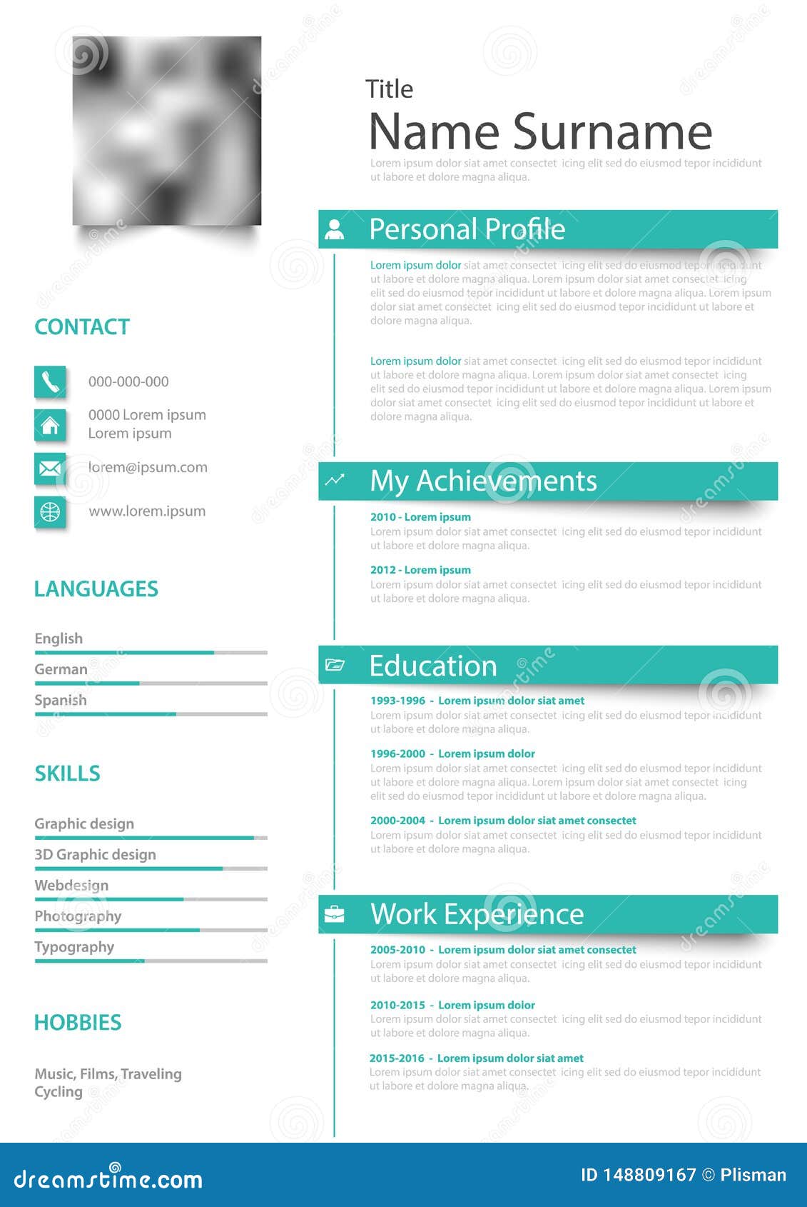 Professional Personal Resume Cv with Labels Teal Blue White Design ...