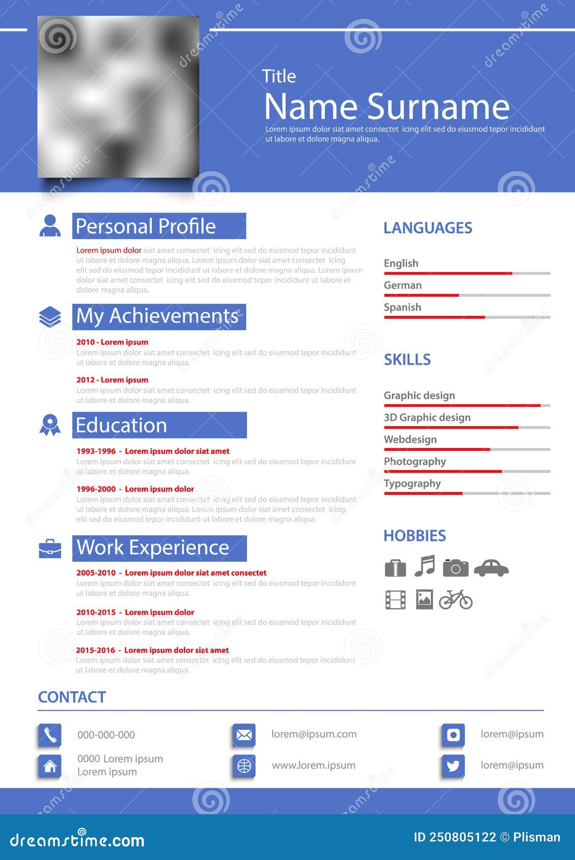 Professional Personal Resume Cv with Stripes in Blue White Design Stock ...