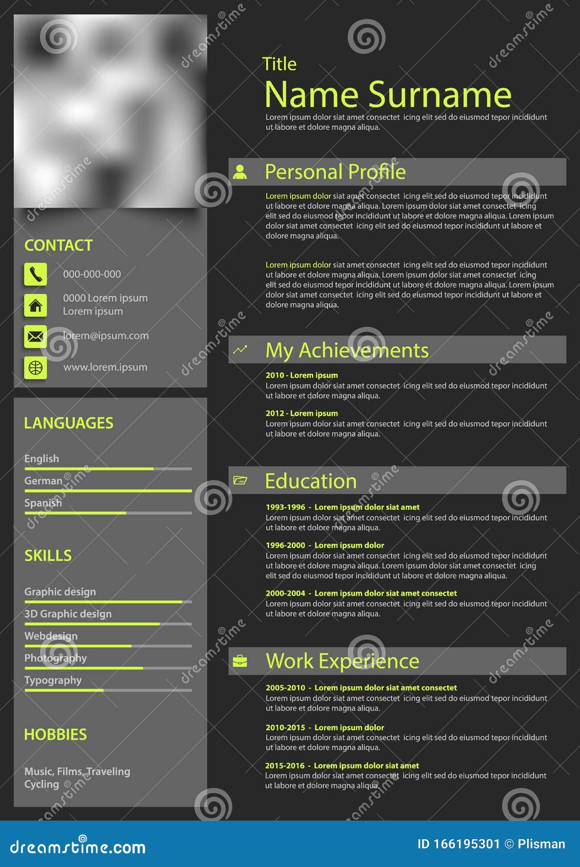 Professional Personal Resume Cv with Strips in Dark Design Stock Vector ...