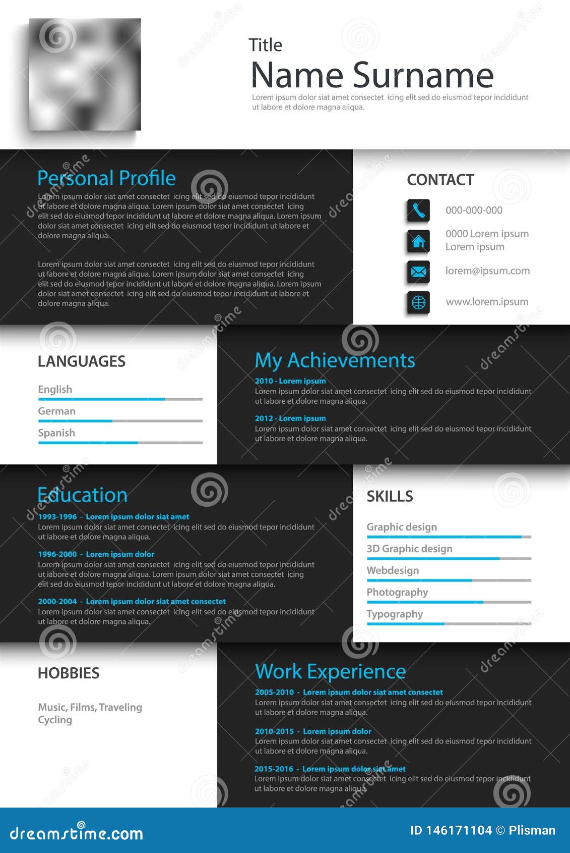 Professional Personal Resume Cv in White Black Square Design Stock ...