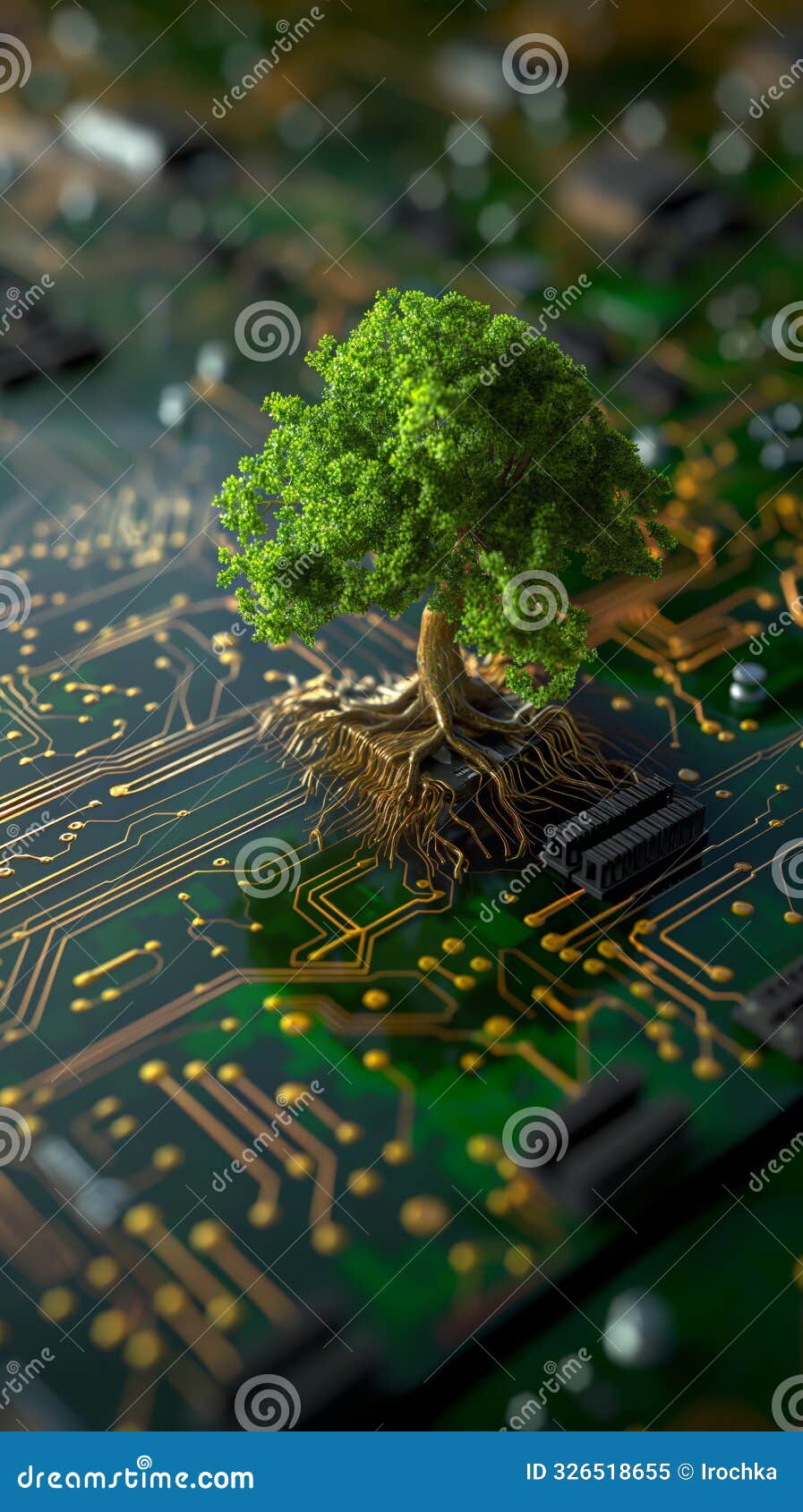 Vibrant Green Tree Growing from Circuit Board, Nature and Technology ...