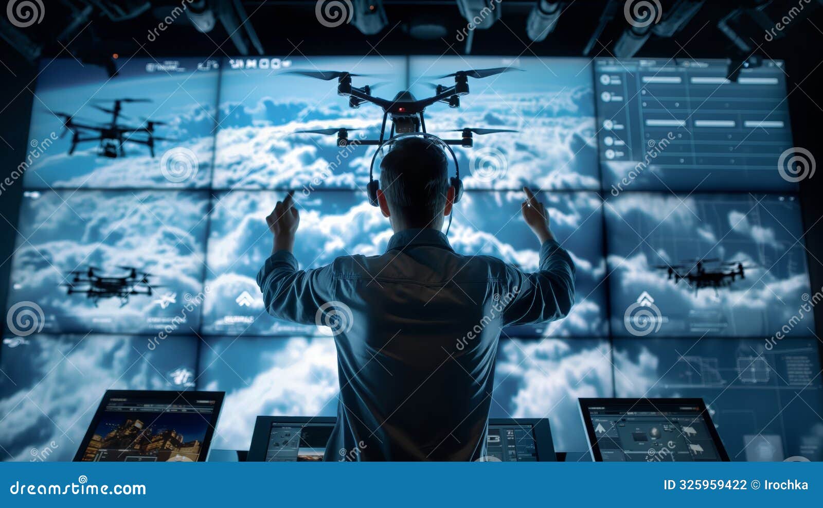 Man Controlling Drones in Exhibition Hall Stock Illustration ...