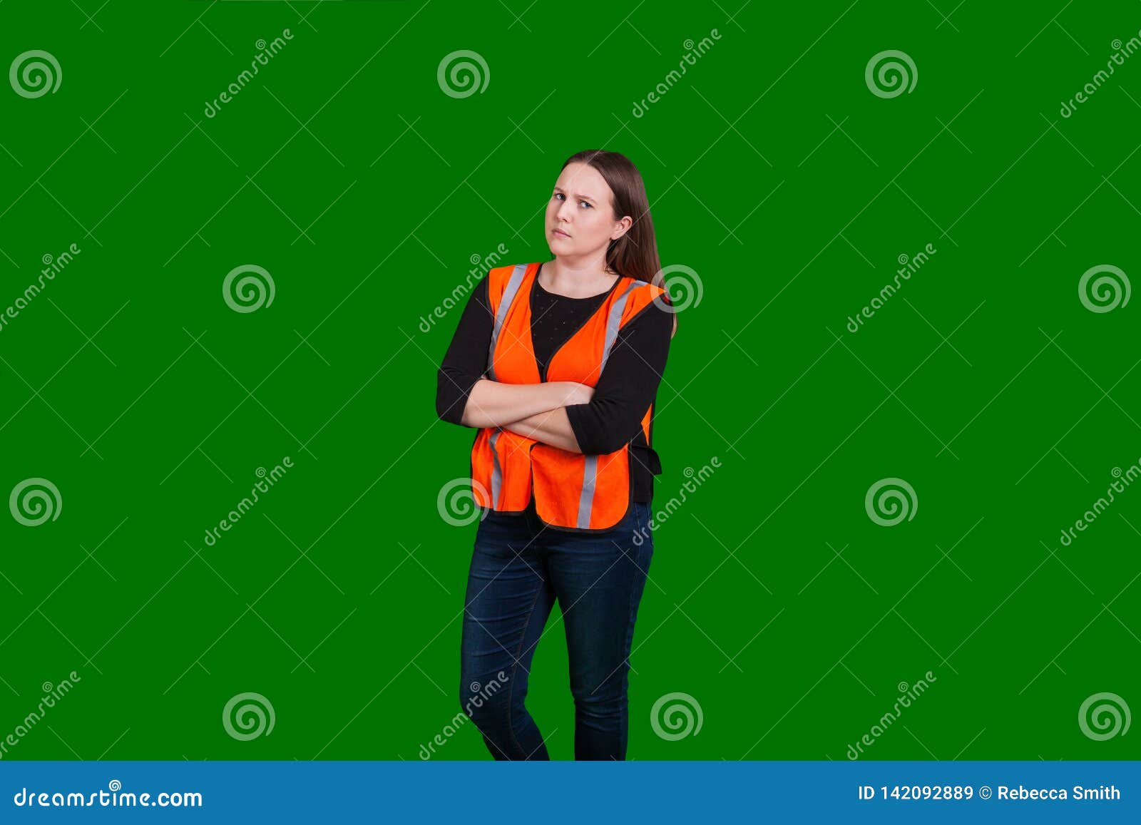 Unsure Look on Young Women Arms Crossed on Green Screen Backdrop Stock ...