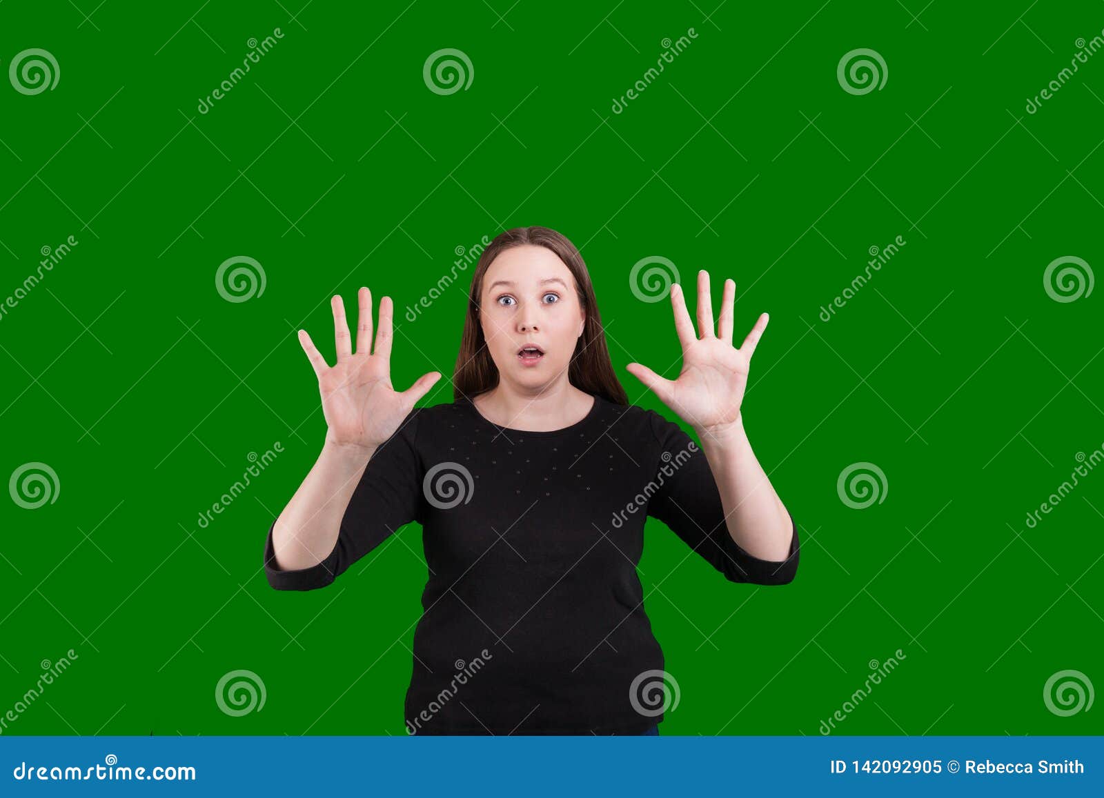 Female Holding Up Hands Palms Out Expression Of Surprise Hand Gesturing ...