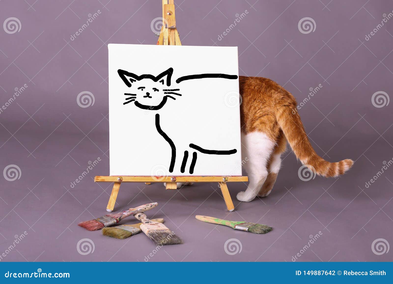Illustrated Cat on White Canvas Real Cat Standing Behind Canvas with ...