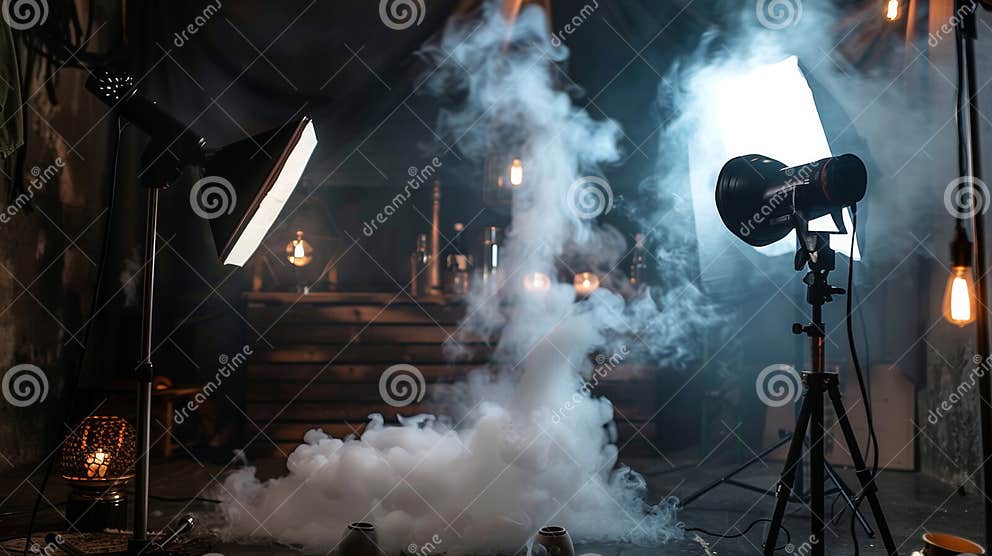 Professional Photography Studio with Smoke and Dramatic Lighting Stock ...
