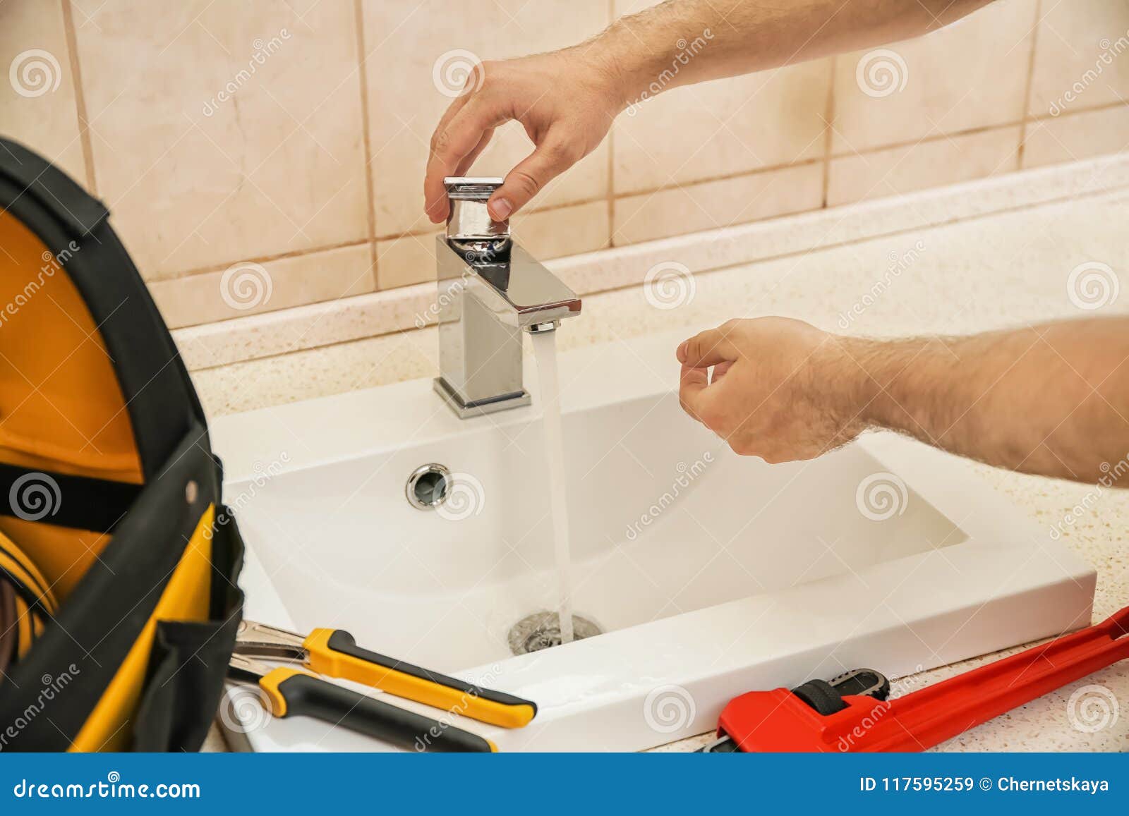 Professional Plumber Fixing Sink, Closeup Stock Image - Image of ...