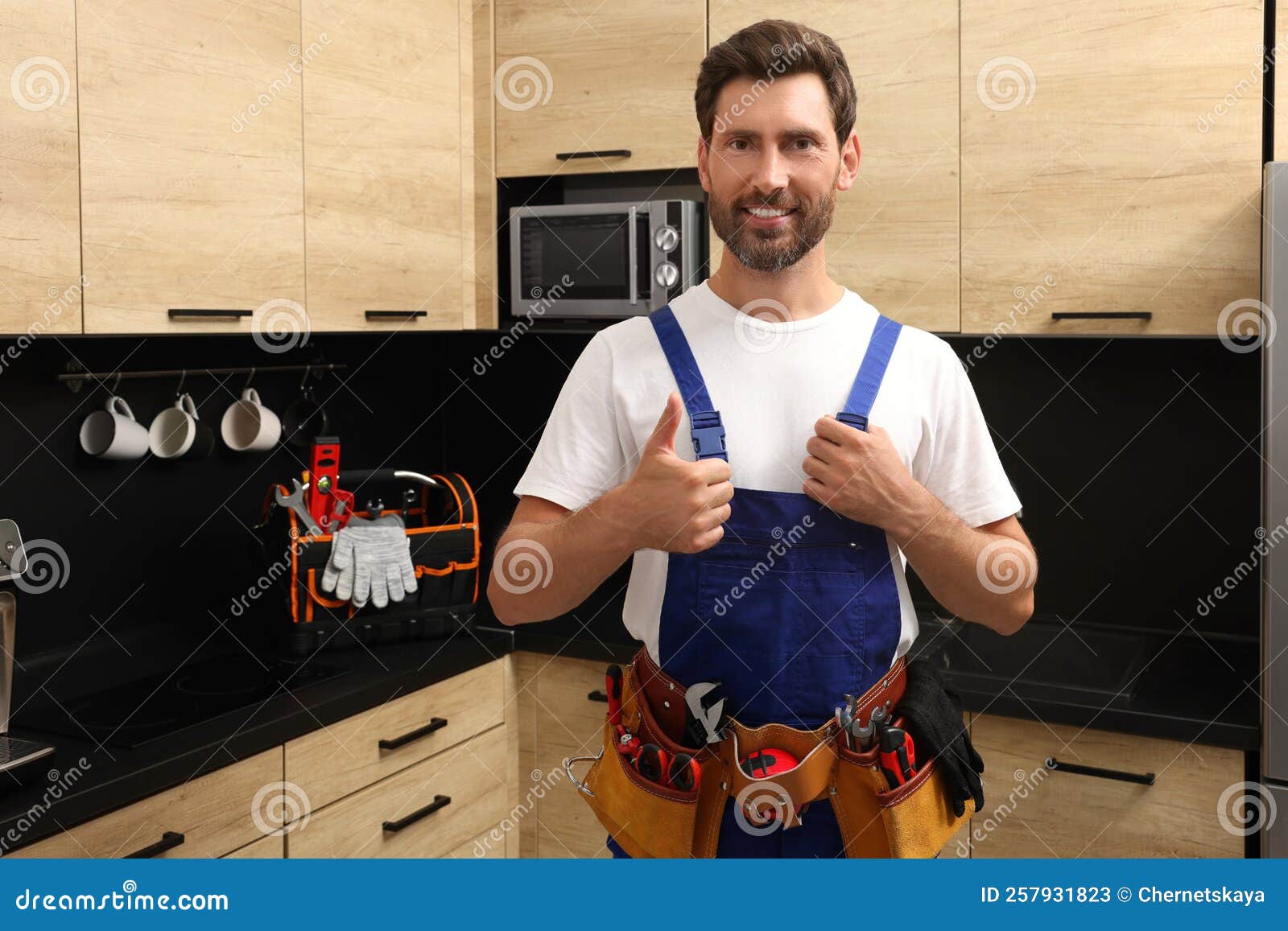 Professional Plumber with Tool Belt in Kitchen Stock Image - Image of ...