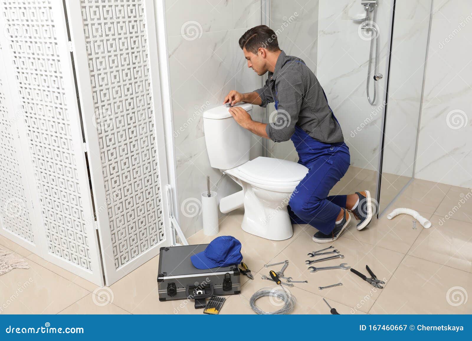Professional Plumber Working with Toilet Bowl Stock Image - Image of ...