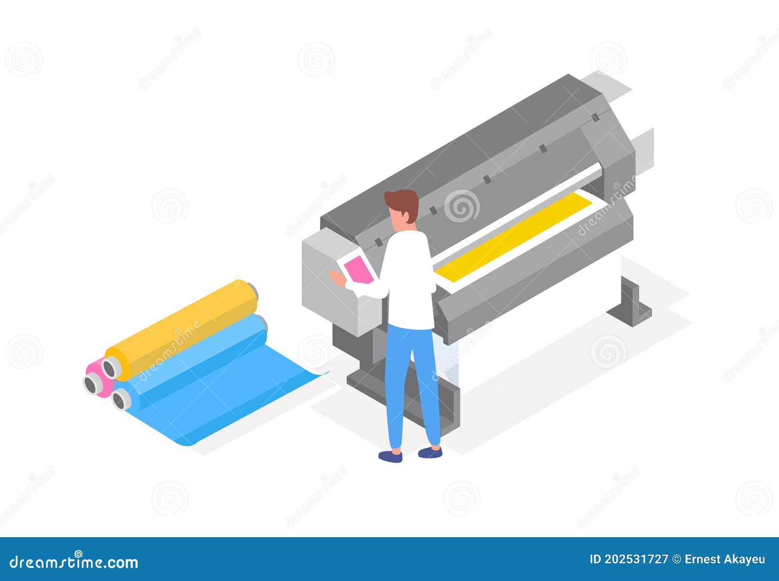 Worker With Plotter Vector. Man. Large Format Multifunction Printer ...