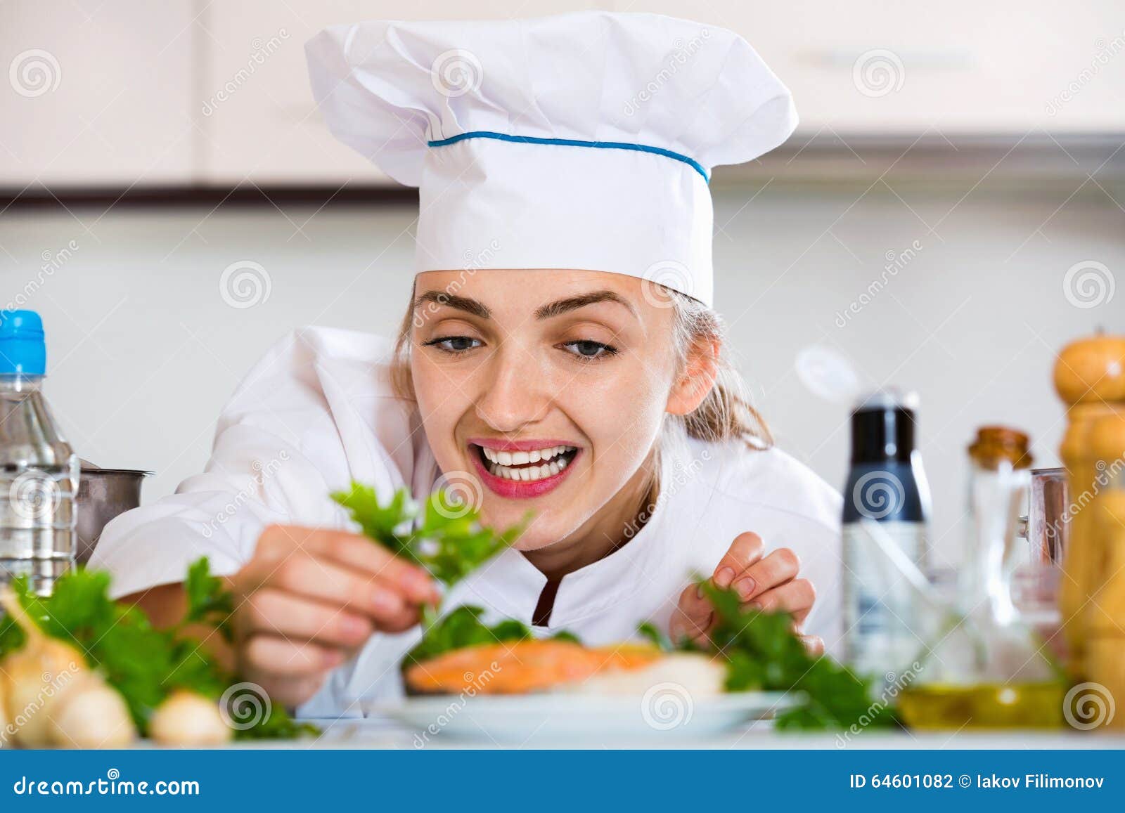 Professional Positive Chef Decorating Dish with Salmon Stock Photo ...