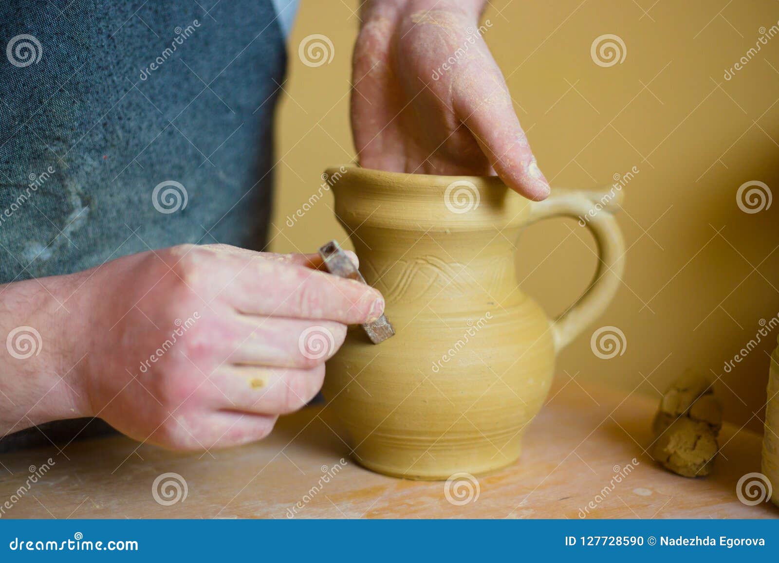 Professional Potter Making Pattern on Clay Jar with Special Tool in ...