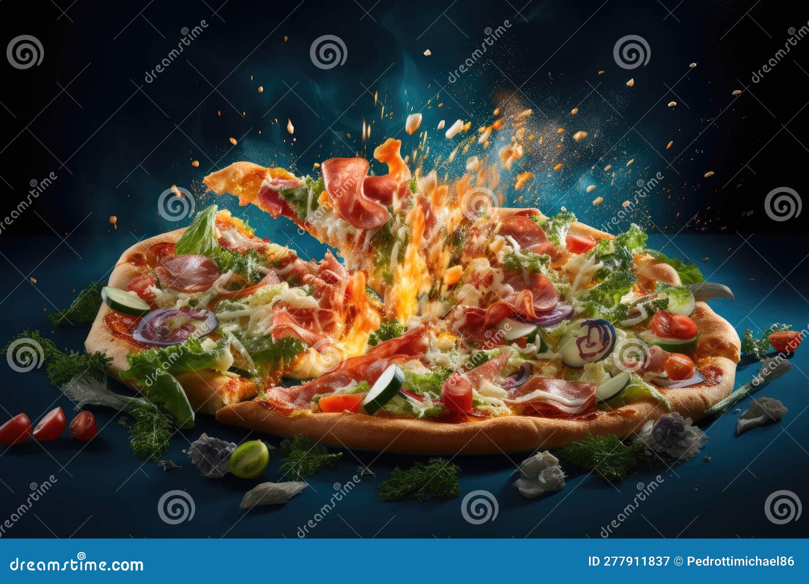 Exploding Pizza with Salad, Cheese and Salami Stock Illustration ...