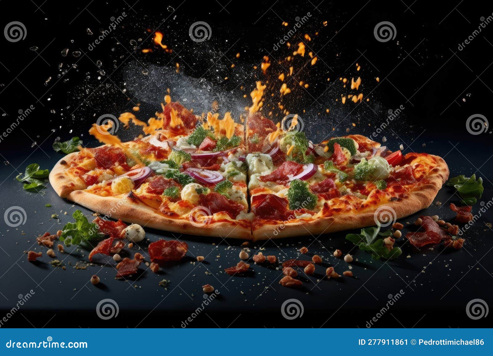 Exploding Pizza with Salad, Cheese and Salami Stock Illustration ...