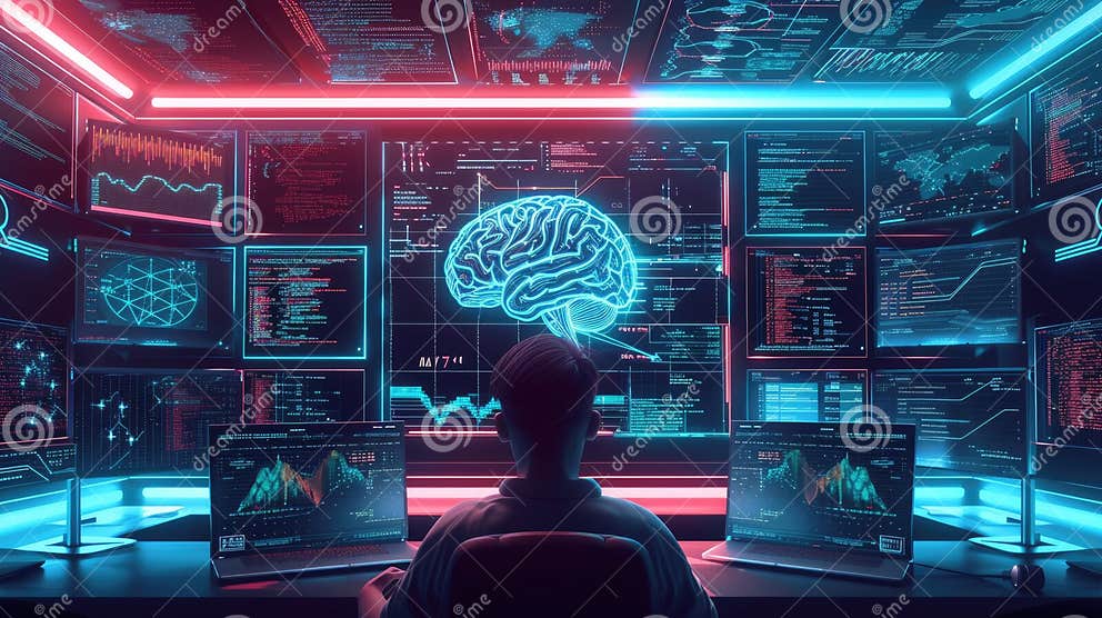 Professional Programer Looking Computer Desktop With Coding Program