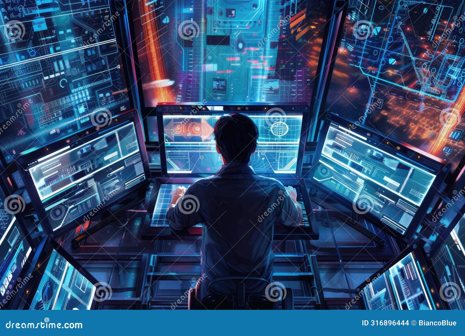Professional Programer Looking Computer Desktop with Coding Program. AIG42. Stock Illustration ...