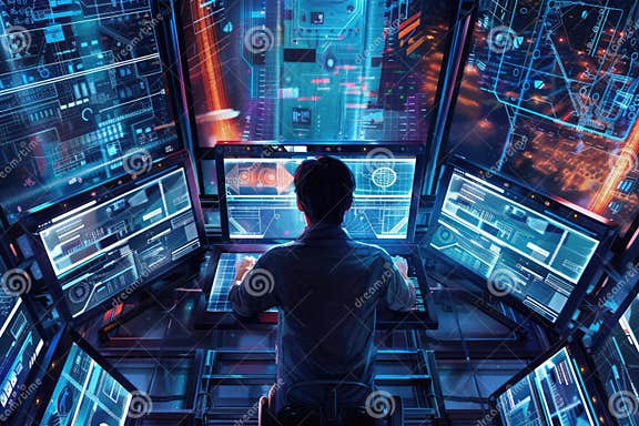 Professional Programer Looking Computer Desktop with Coding Program. AIG42. Stock Illustration ...