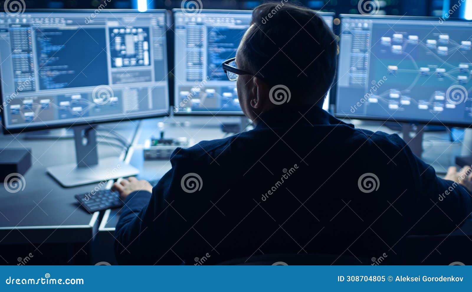 Professional It Programer Working In Data Center On Desktop Computer With Three Displays Doing